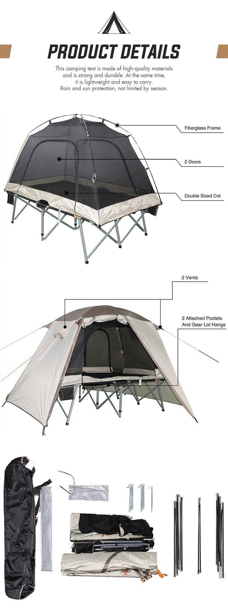 Outdoor Camping Off Ground Bed Tent For 2 Person - KASSICO